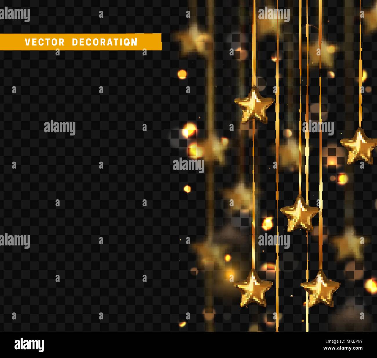 Gold star decorations with old lamps hanging on golden ribbon ...