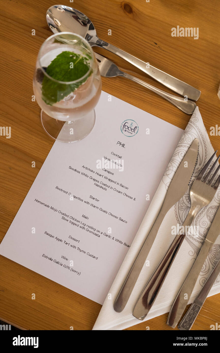 Personalised menu with non alcoholic drinks for a Secret supper event ...