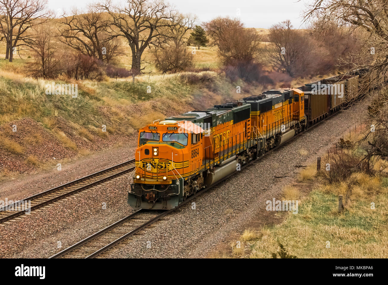 BNSF unit coal trains go back and forth between coal mines in the Power River Basin of Wyoming ...