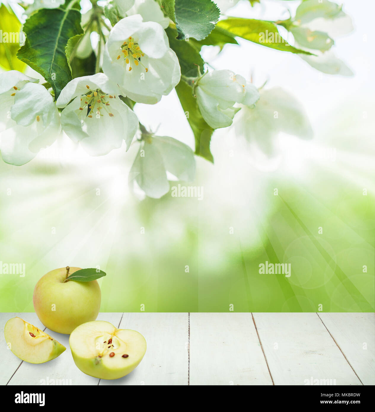 Food Background with Apple Fruit, Spring Flowers and Leaves Stock Photo ...