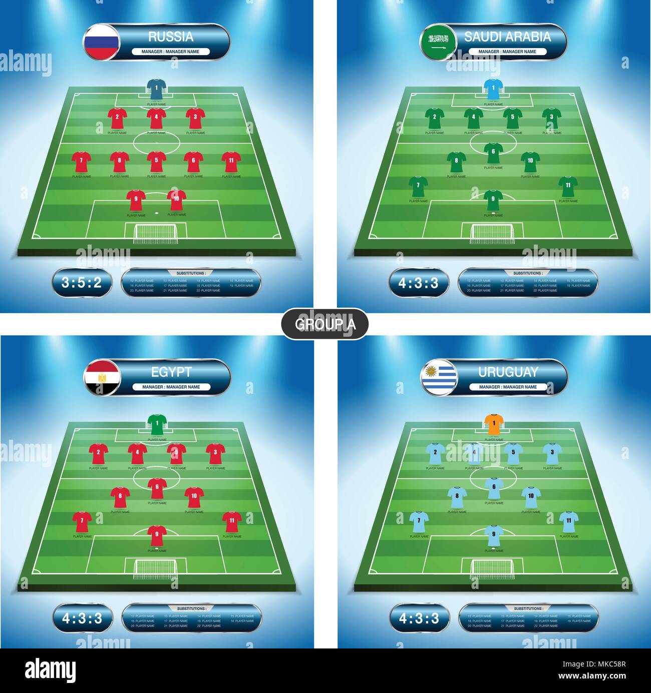 Soccer team player plan. Group A with flags RUSSIA, SAUDI ARABIA, EGYPT ...