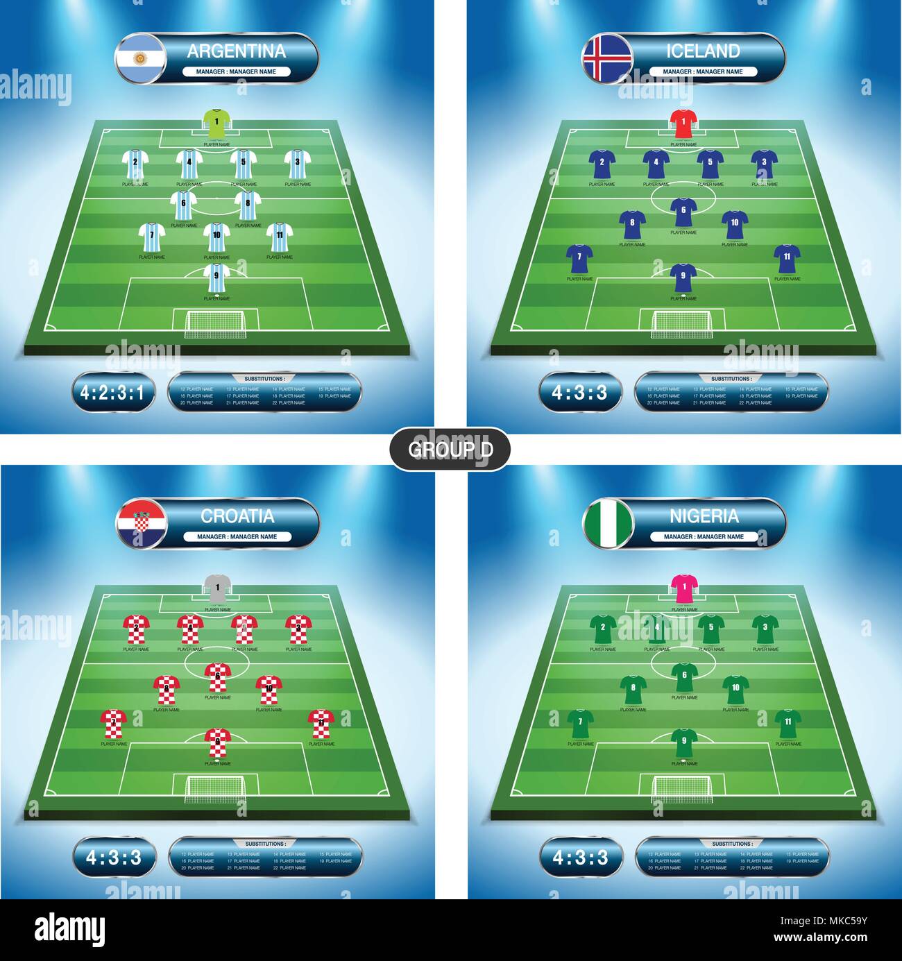 Soccer team player plan. Group D with flags ARGENTINA, ICELAND, CROATIA ...