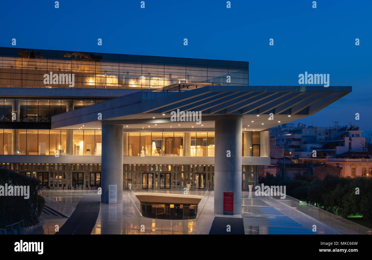 The main entrance of the Acropolis museum at night Stock Photo - Alamy