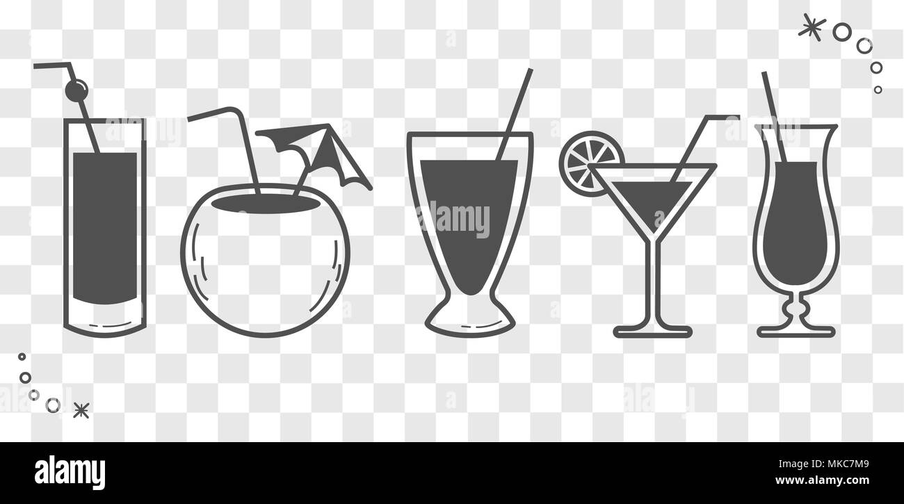 silhouette of cocktail drinks with a drinking stick . Icon in linear ...