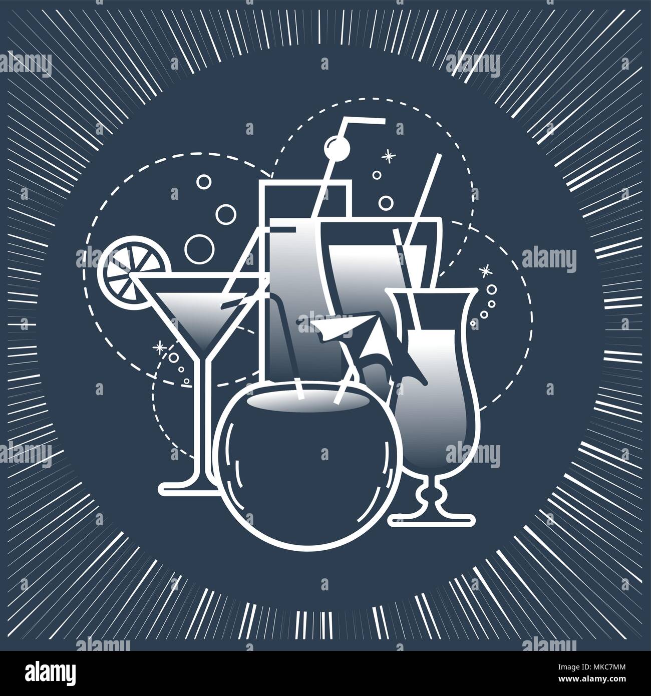 silhouette of cocktail drinks with a drinking stick . Icon in linear ...