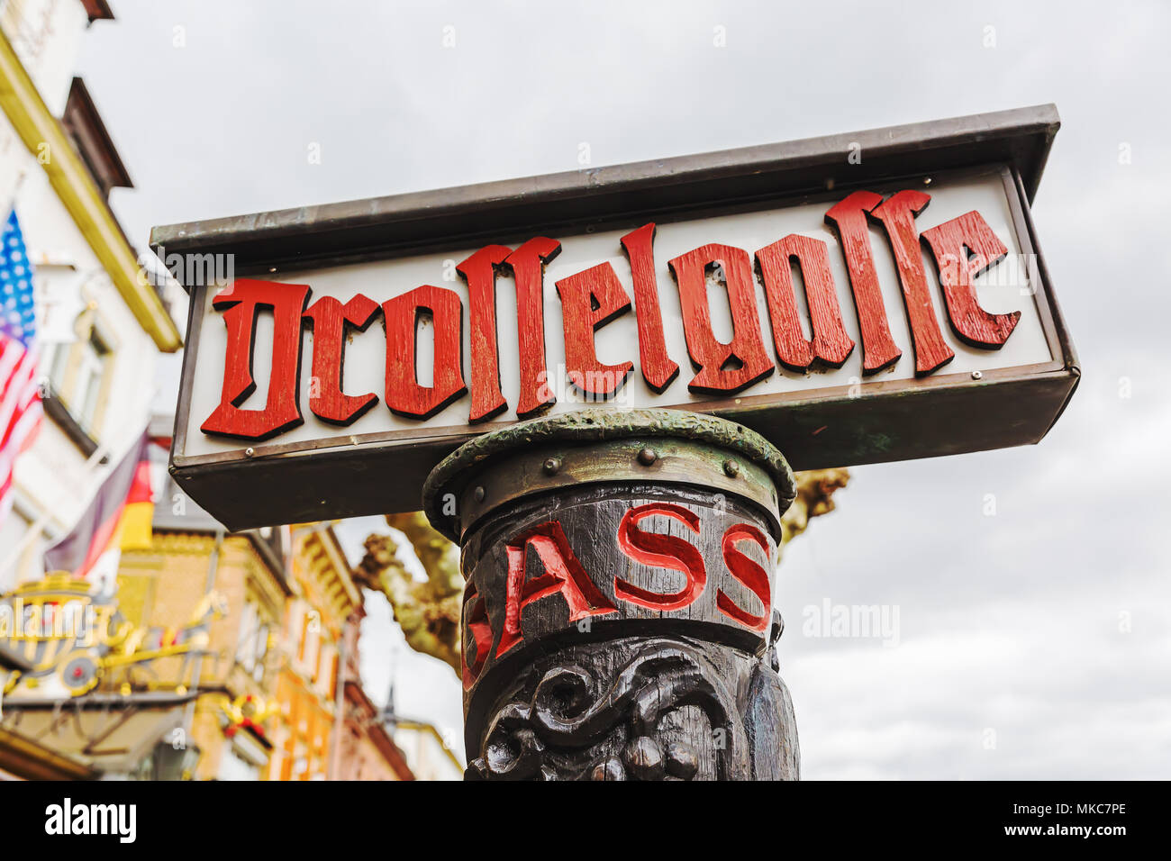 antique street name sign of the Drosselgasse in Ruedesheim, Germany ...