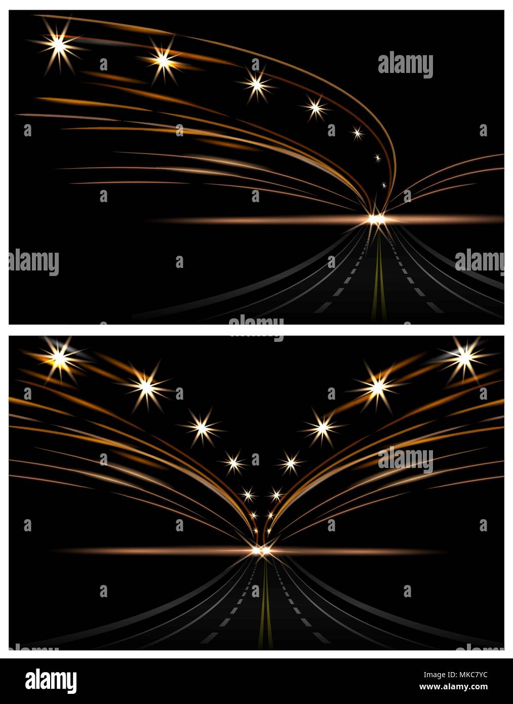 Abstract light effects. Two pictures. Car lanterns. Road in perspective ...
