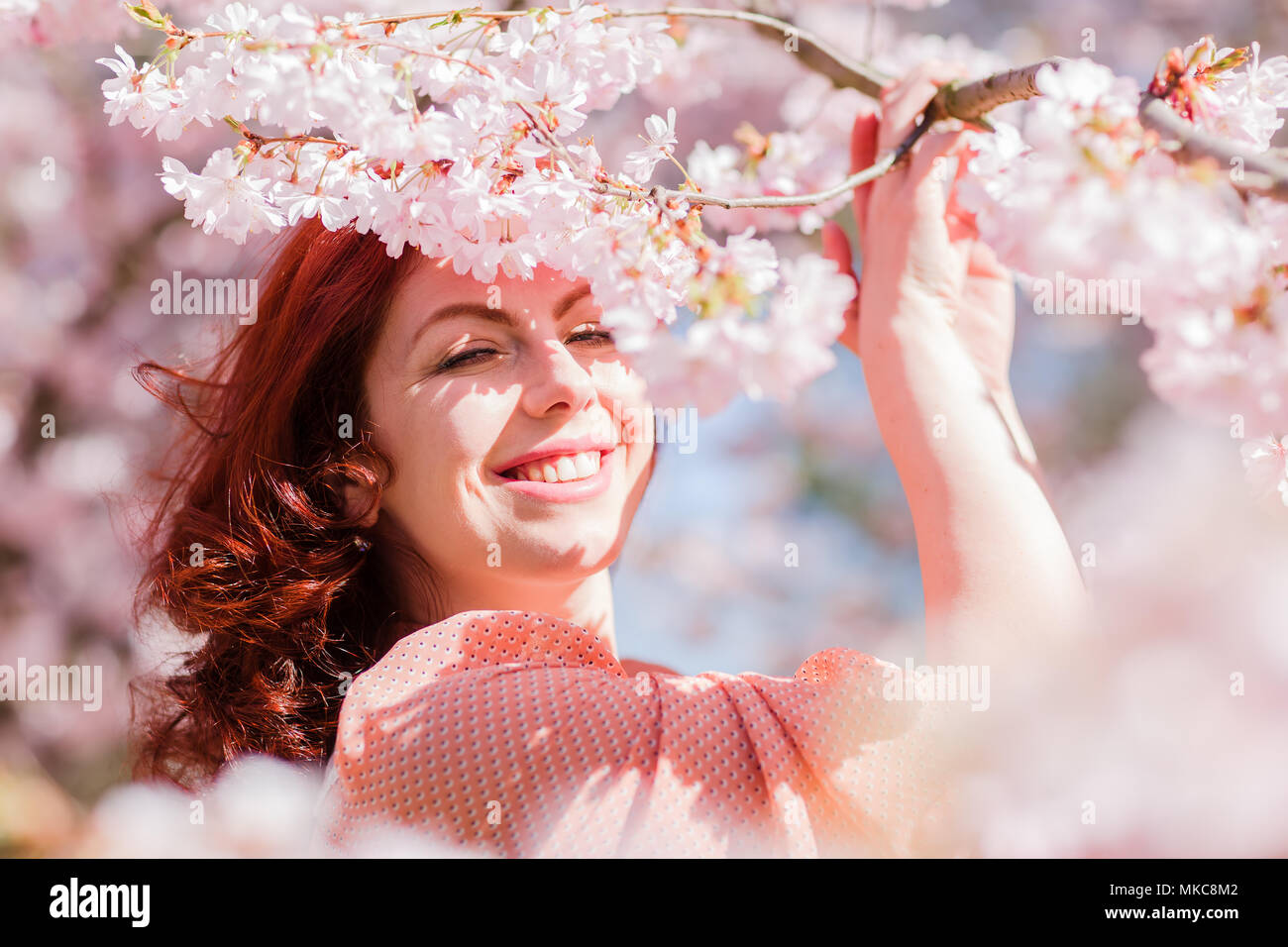 portrait of a beautiful woman in a flowering tree Stock Photo - Alamy