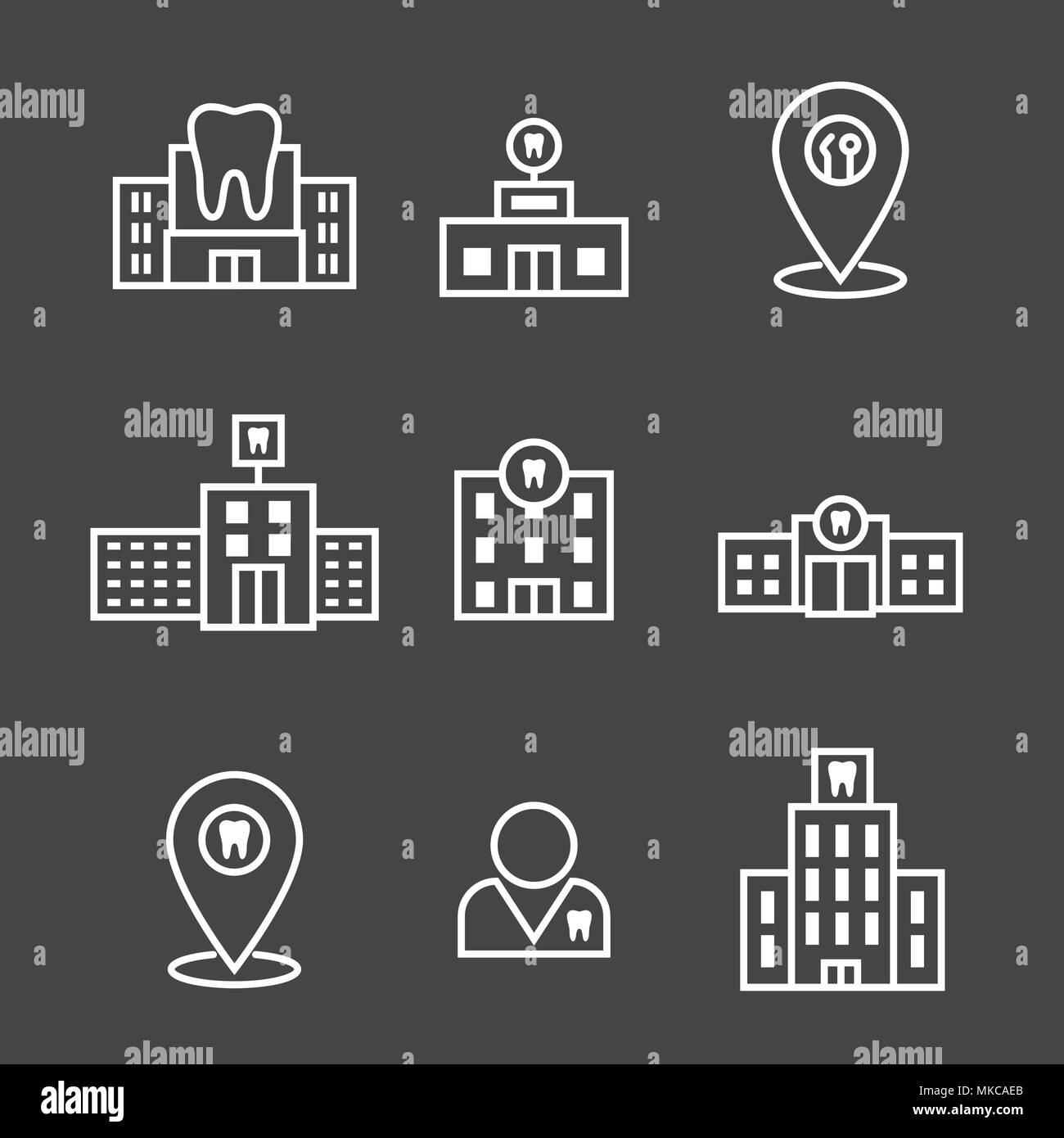 Dentist location icon set w dental images, dental building with windows ...