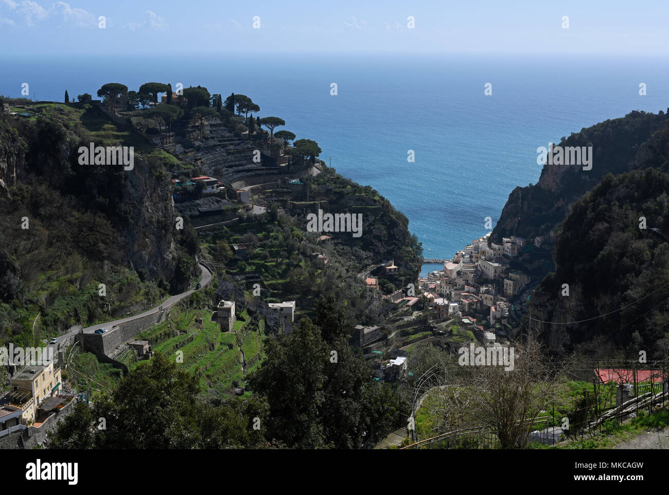 Coastal view looking towards Atrani from Pontone in the Valle delle ...