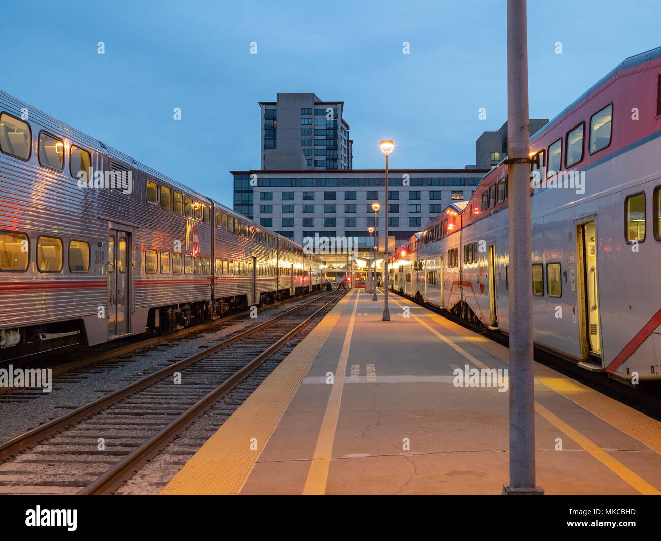 SAN FRANCISCO, CA – APRIL 28, 2018: First trains departing at the San ...