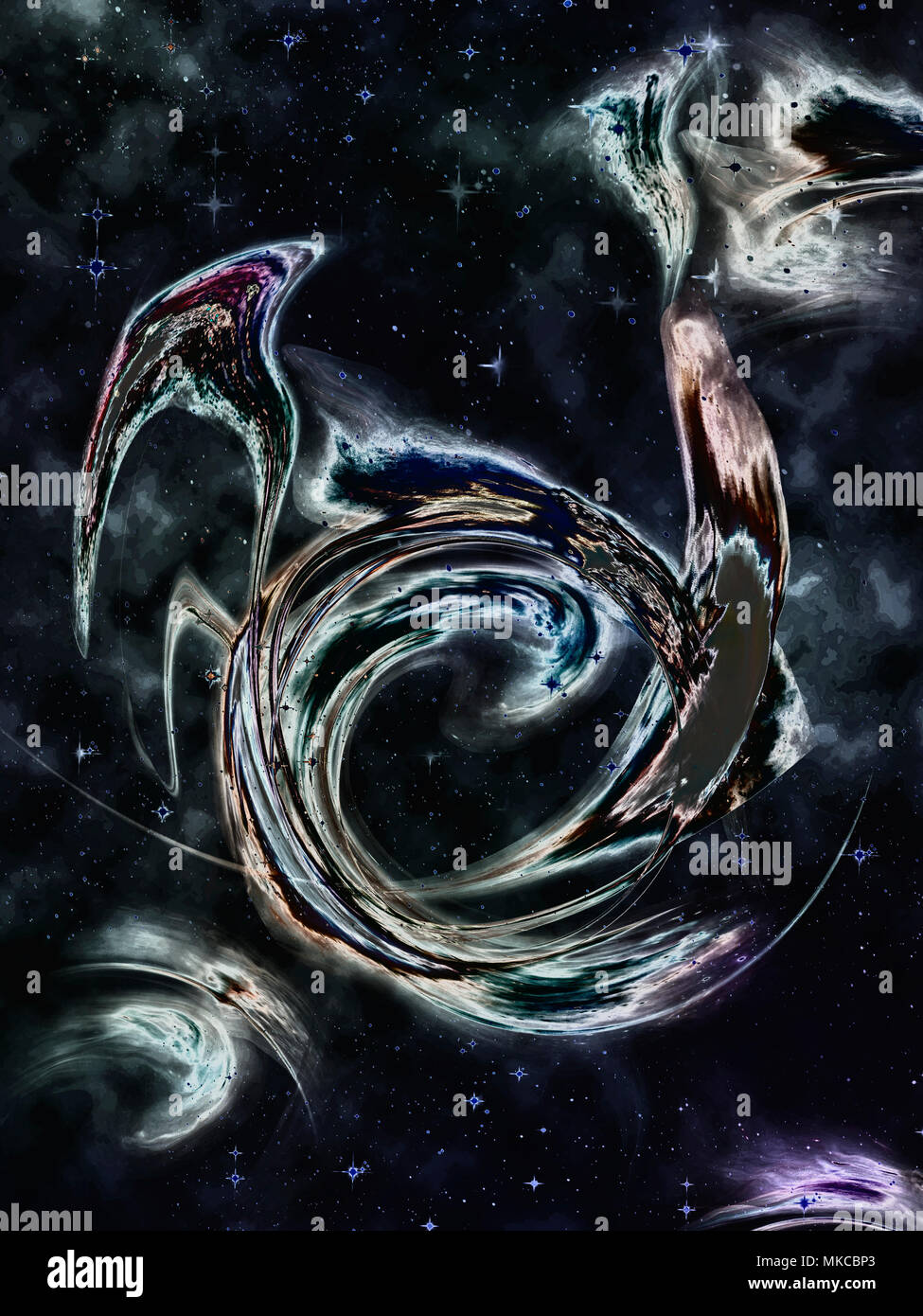 Abstract image: against a dark starry sky, a glowing multicolored ...