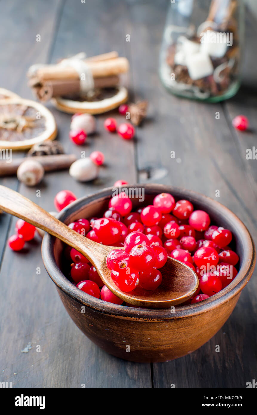 juicy raw cranberries in a ceramic plate, cinnamon stick, anise and dry ...