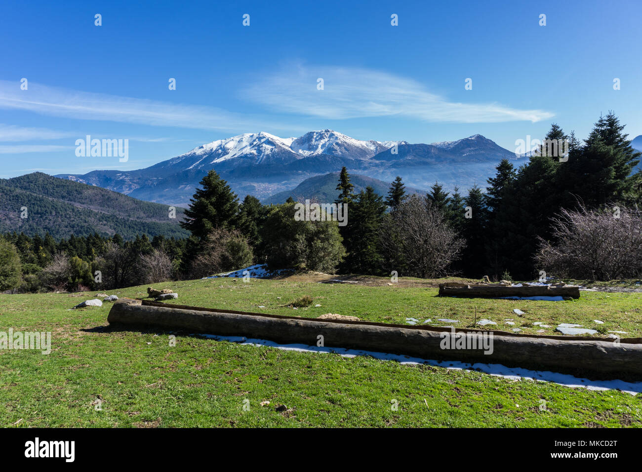 Picturesque landscape of snow covered Ziria mountain in Peloponnese ...