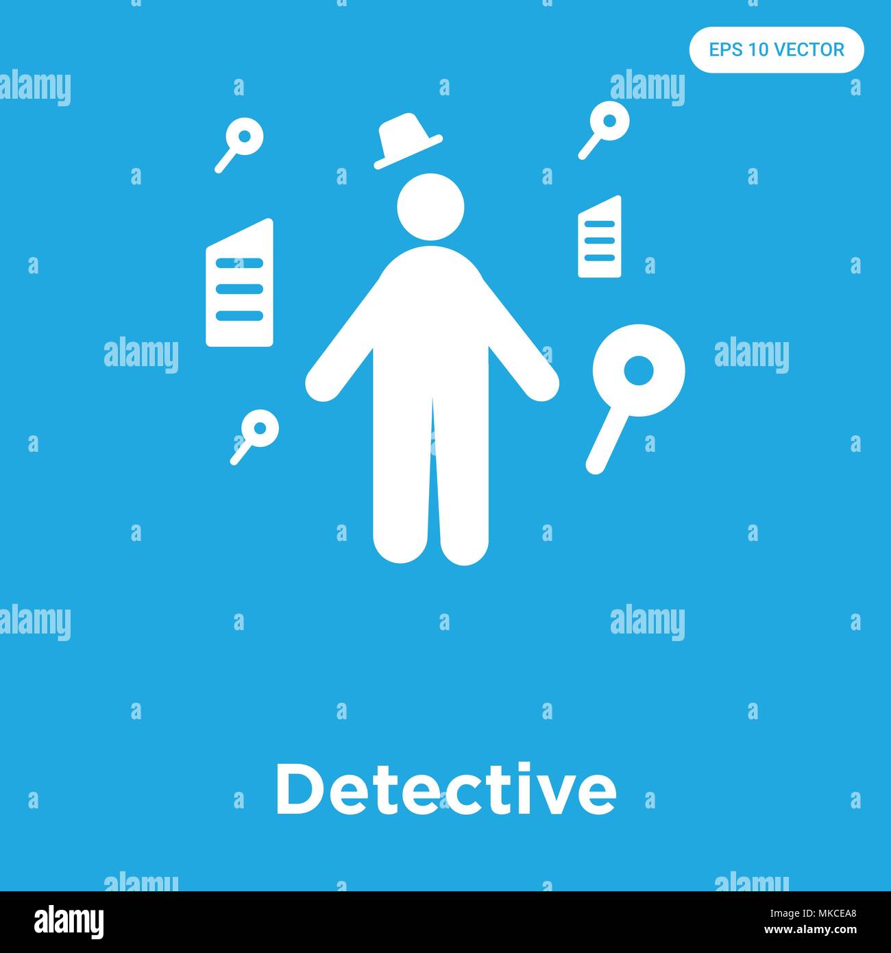 Detective vector icon isolated on blue background, sign and symbol ...
