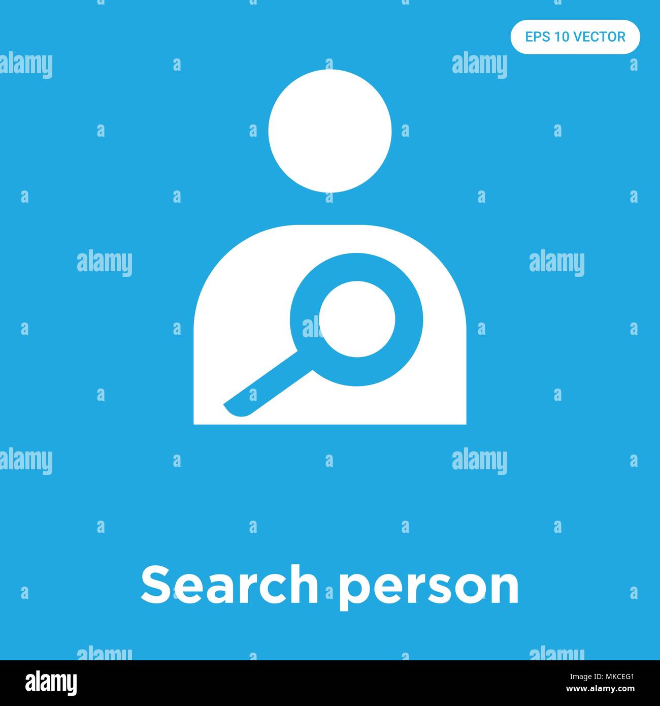 Search person vector icon isolated on blue background, sign and symbol ...