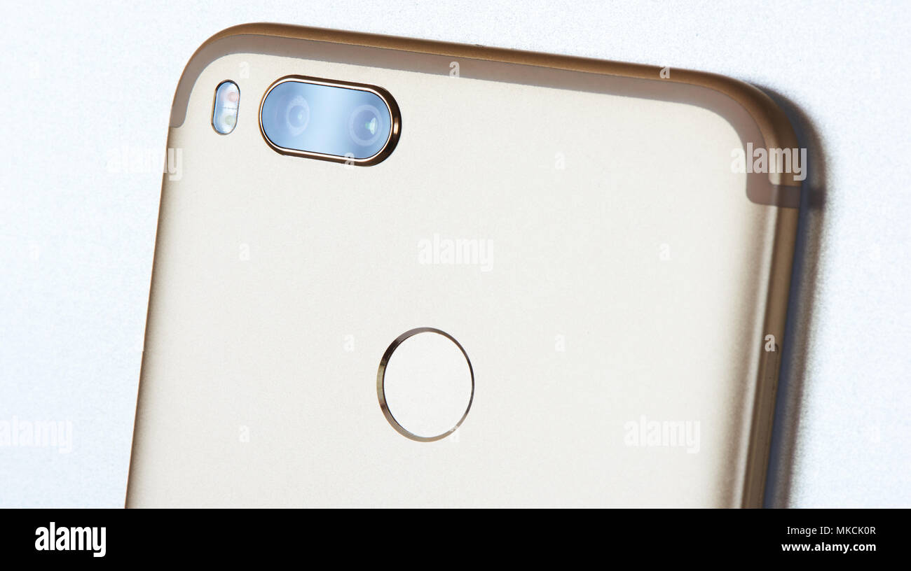 New smartphone with dual camera and Fingerprint Recognition Stock Photo ...