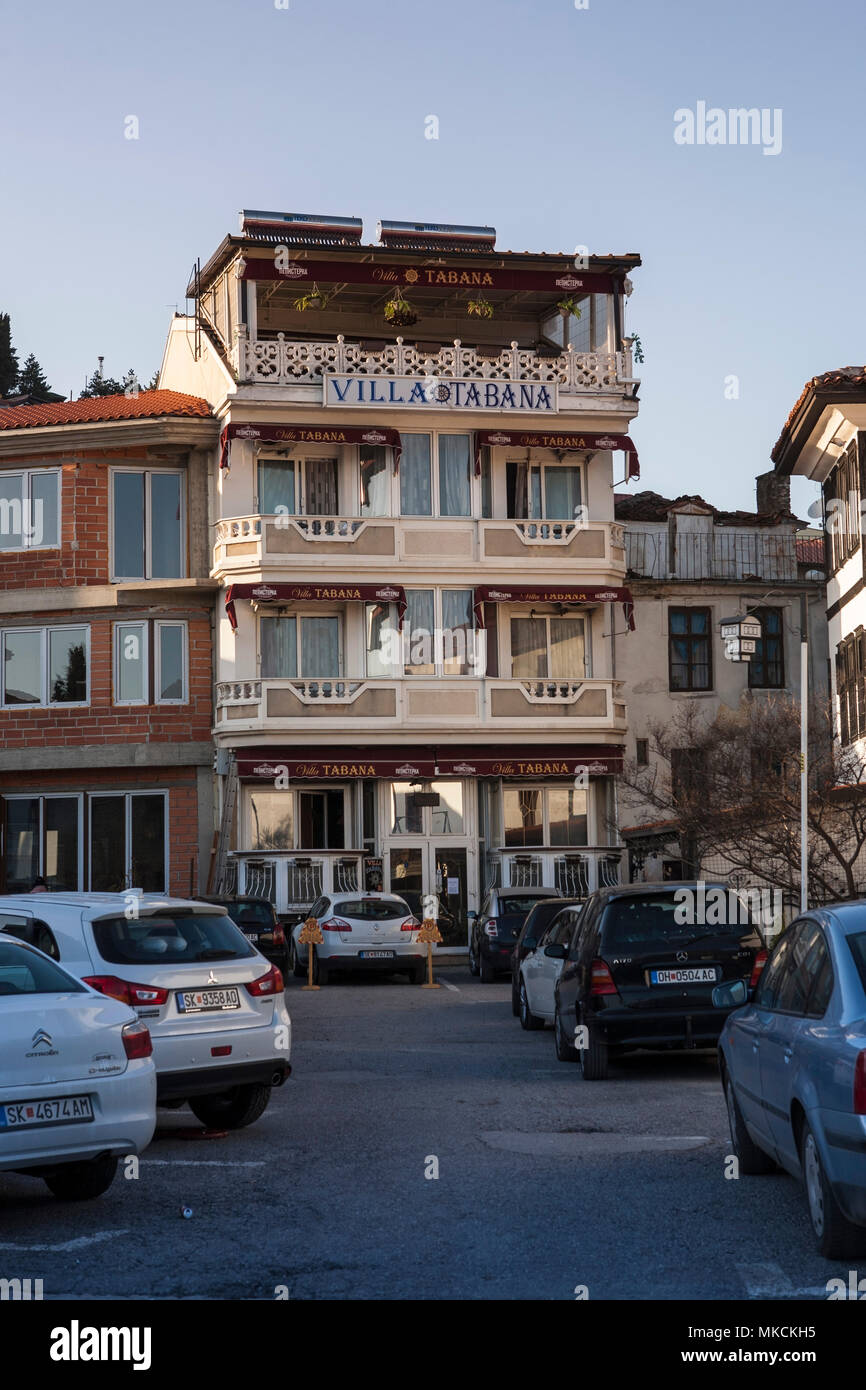 Traditional Ohrid architecture, street view, Macedonia, Eastern Europe ...
