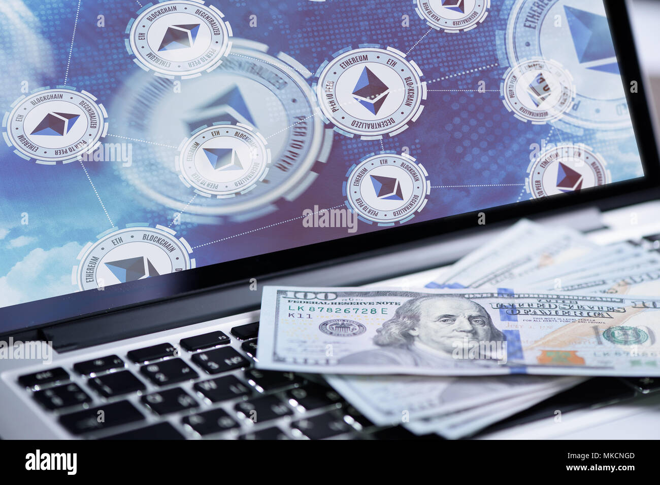 Ethereum symbol on laptop screen with money. Block chain concept. New ...