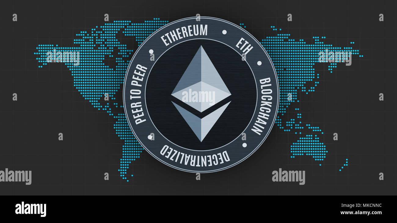 Ethereum sign over world map. Blockchain technology. Cryptocurrency ...