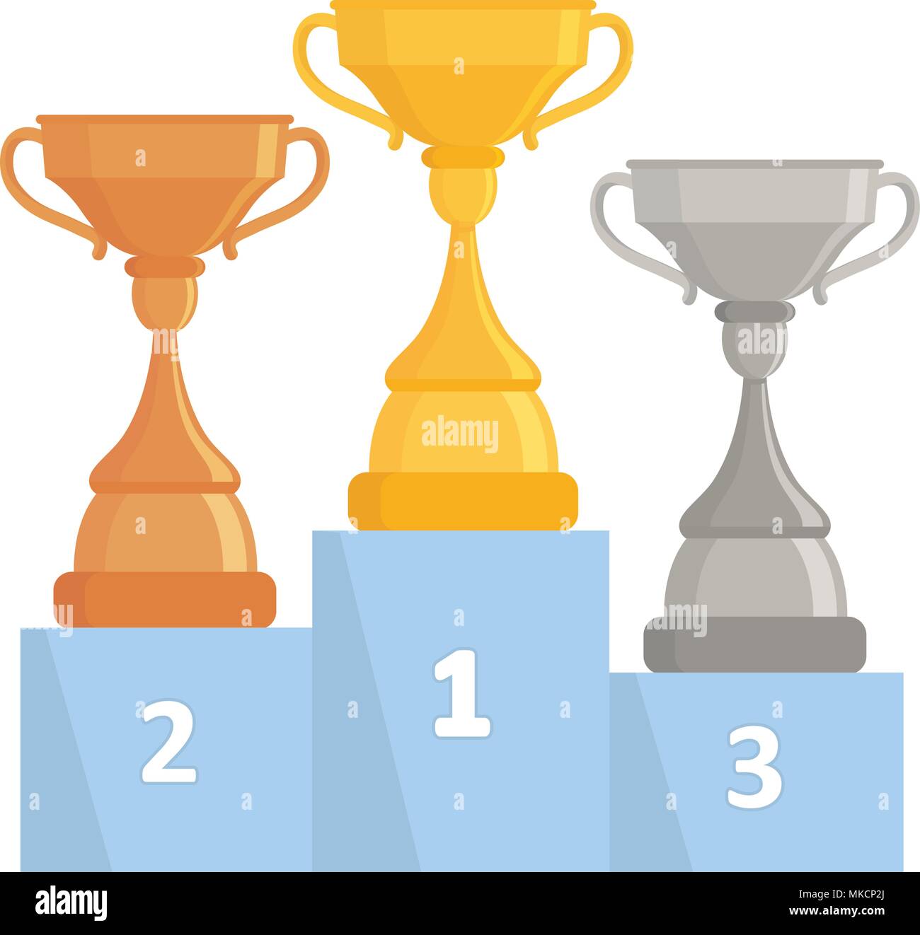 Gold, Silver and Bronze Trophy Cups. Tree winner cups on podium. Flat ...