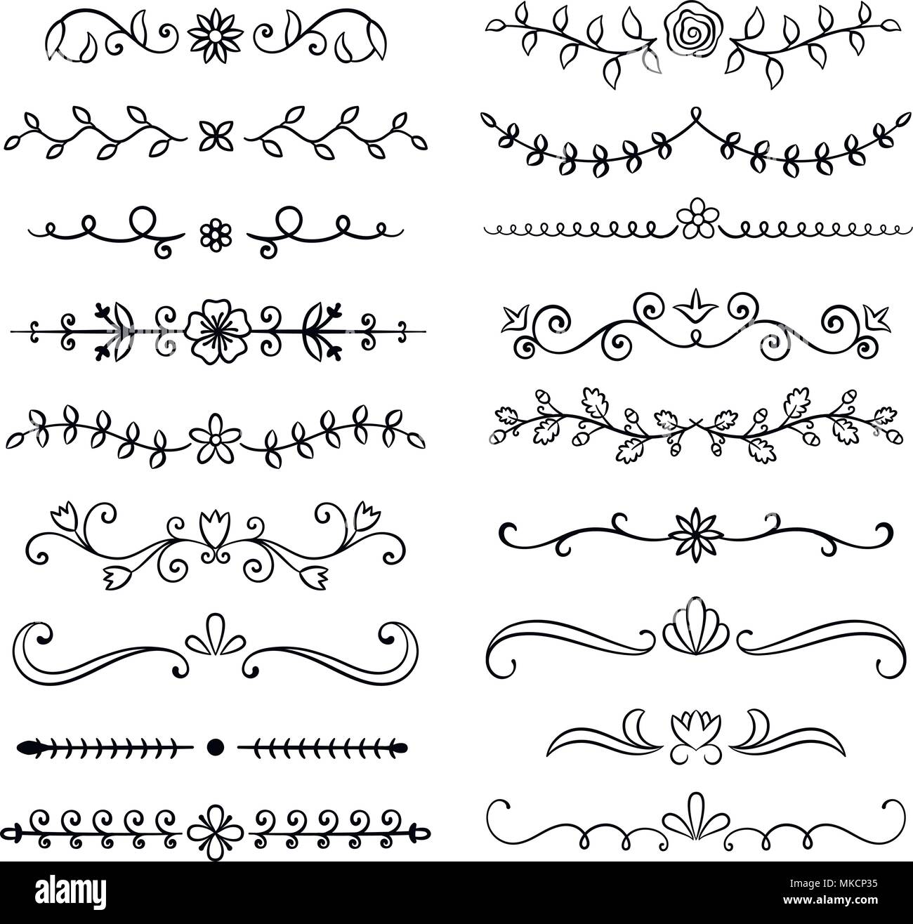 Collection of hand drawn flourish text dividers. Doodle botanical ...