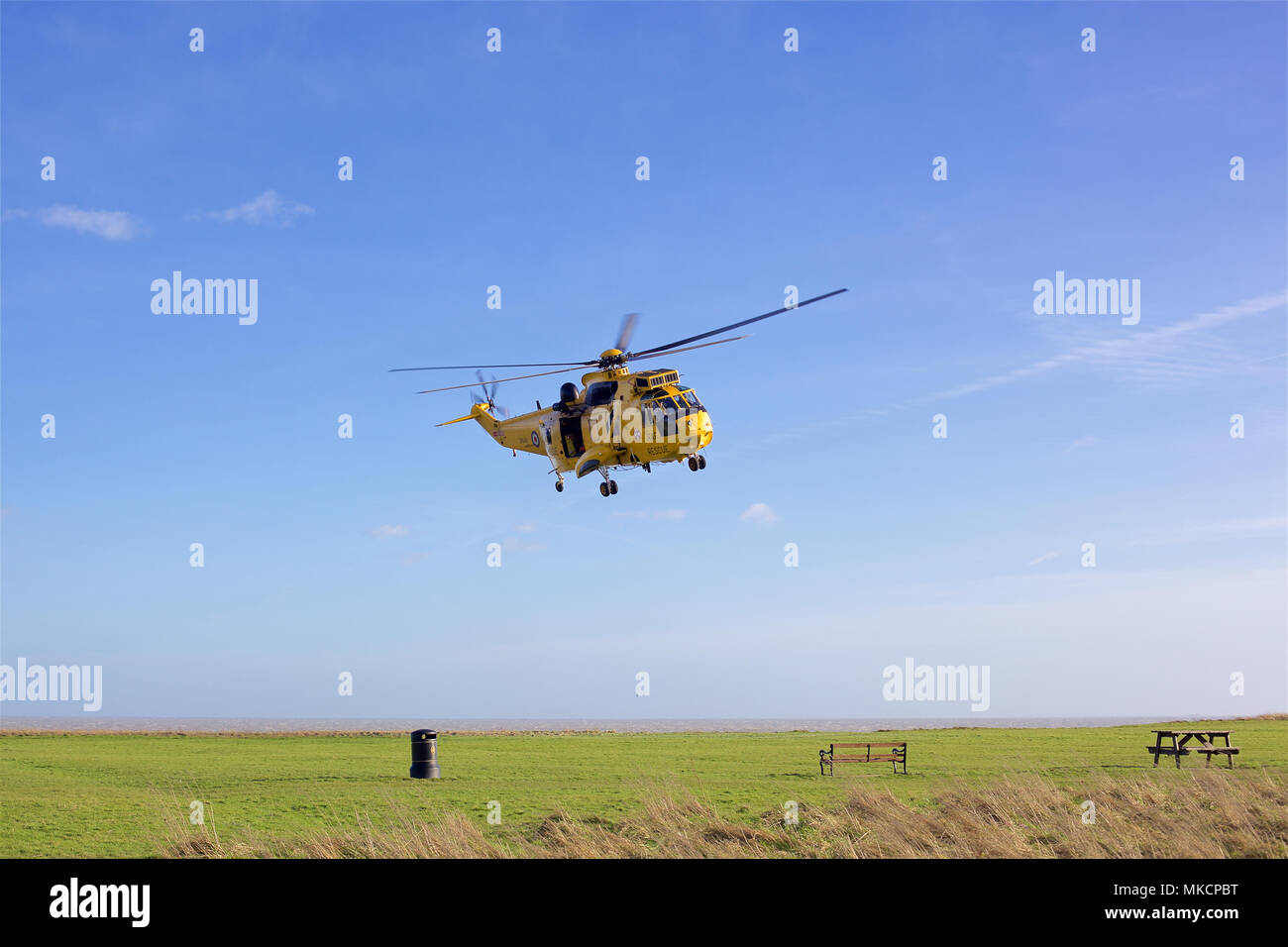 A Westland Sea King RAF Rescue helicopter on manoeuvres on the cliffs at Walton on the Naze ...