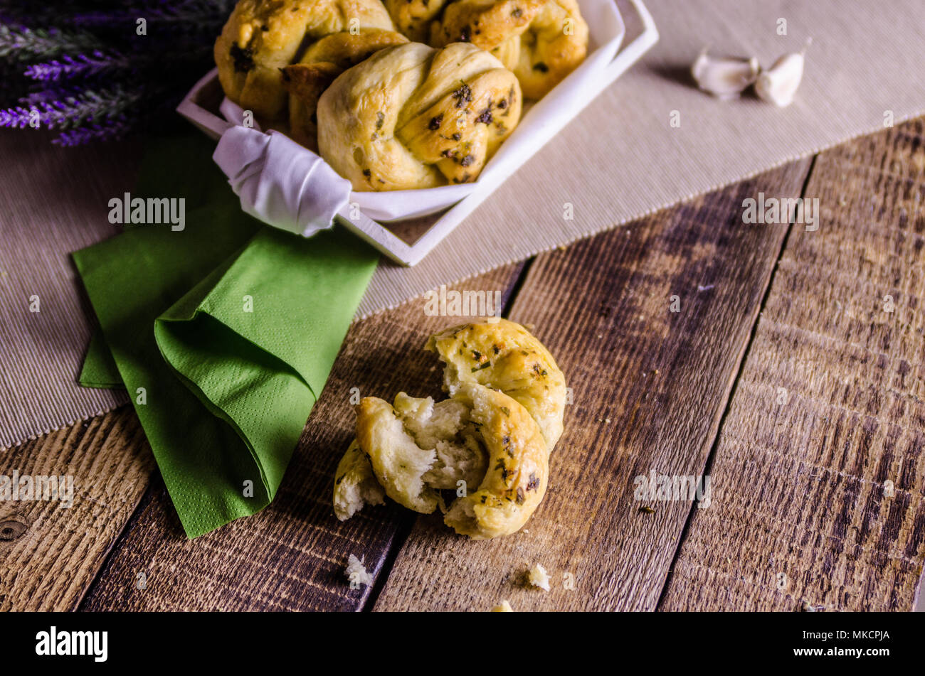 greaves with oil and spices, on a traditional wooden countertop with ...