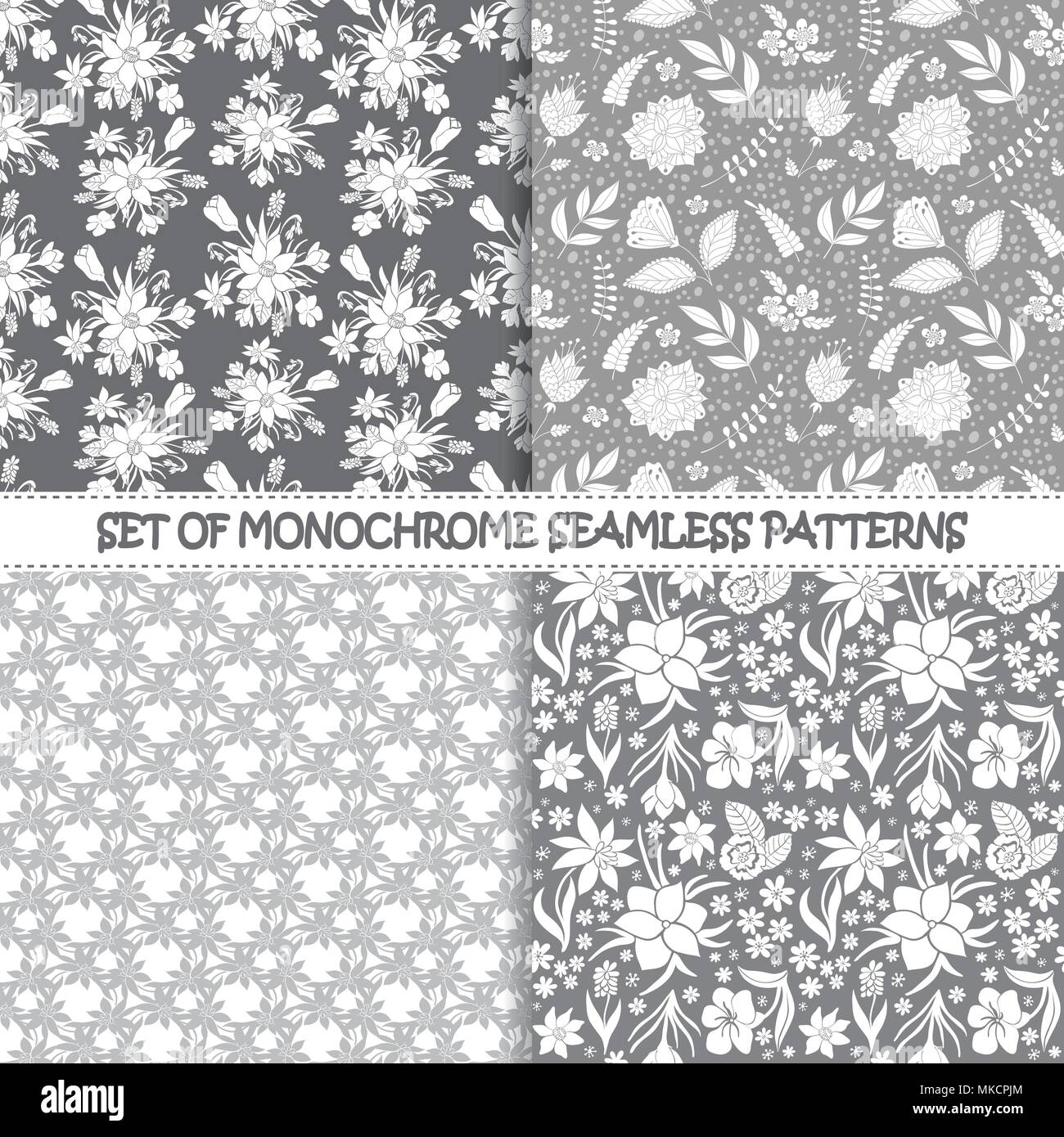 Set of seamless monochrome vector patterns.Floral patterns. Monochrome ...