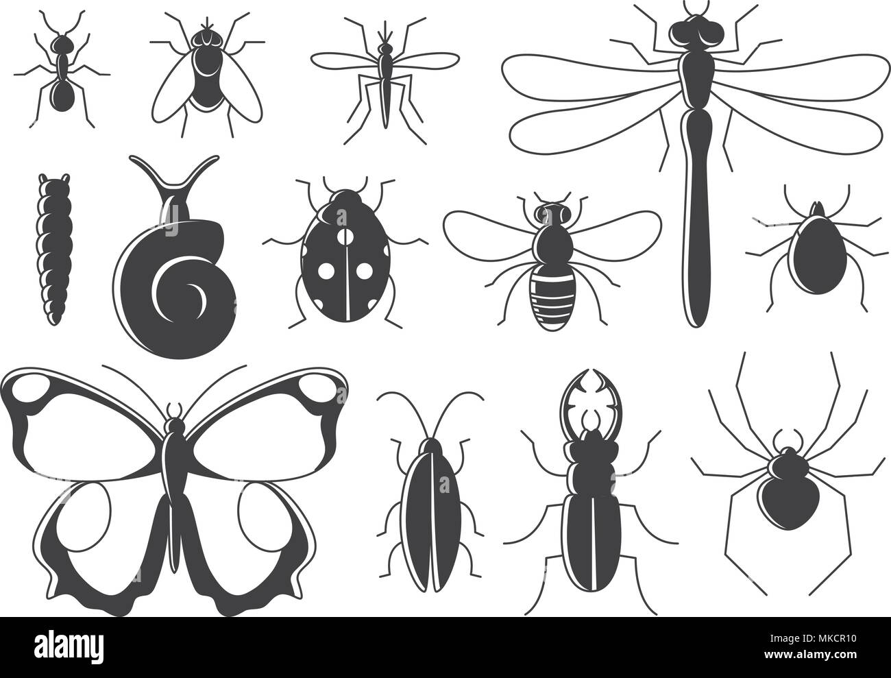 Insects set in flat style. Line art bugs icon collection Stock Vector ...