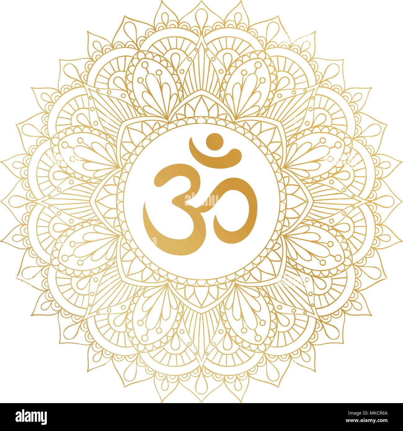 Golden Aum Om Ohm symbol in decorative round mandala ornament Stock ...