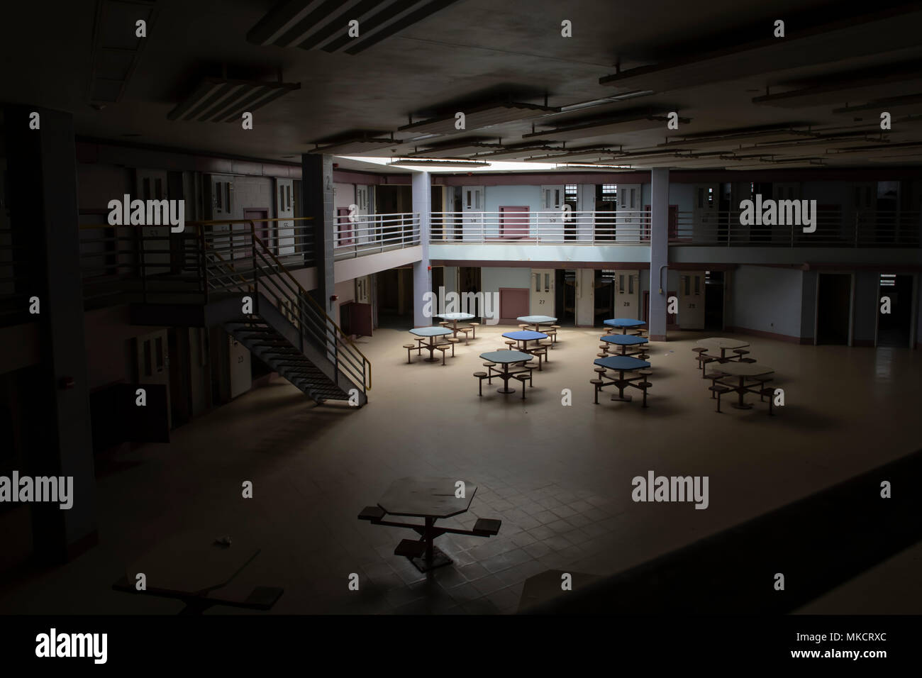 Light from skylight into common area of abandoned state prison cell ...