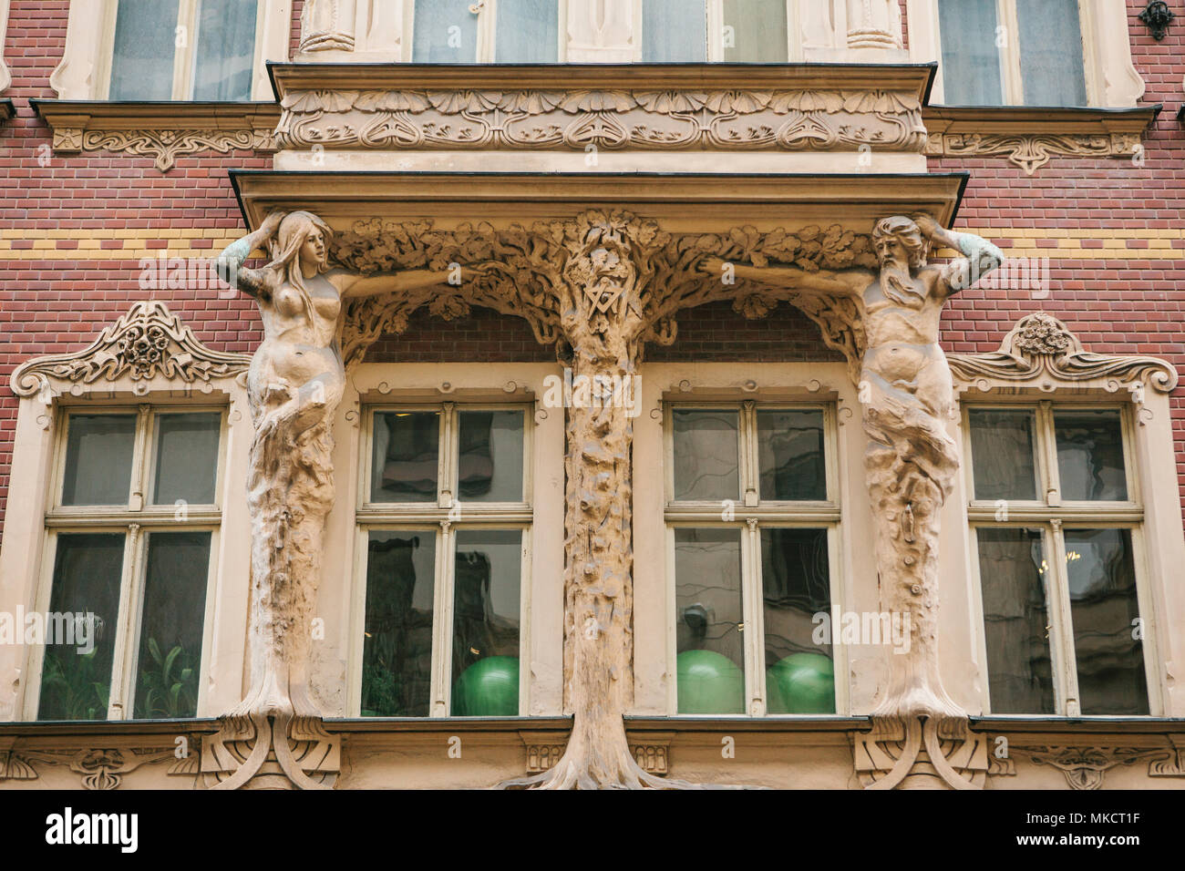 European architecture. Close-up sculptures - columns in the form of ...