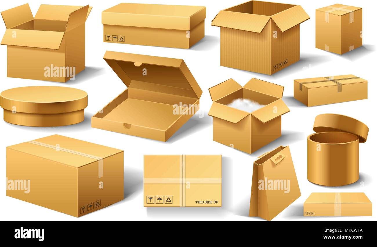 Realistic empty cardboard box Opened. Brown delivery. Carton package ...