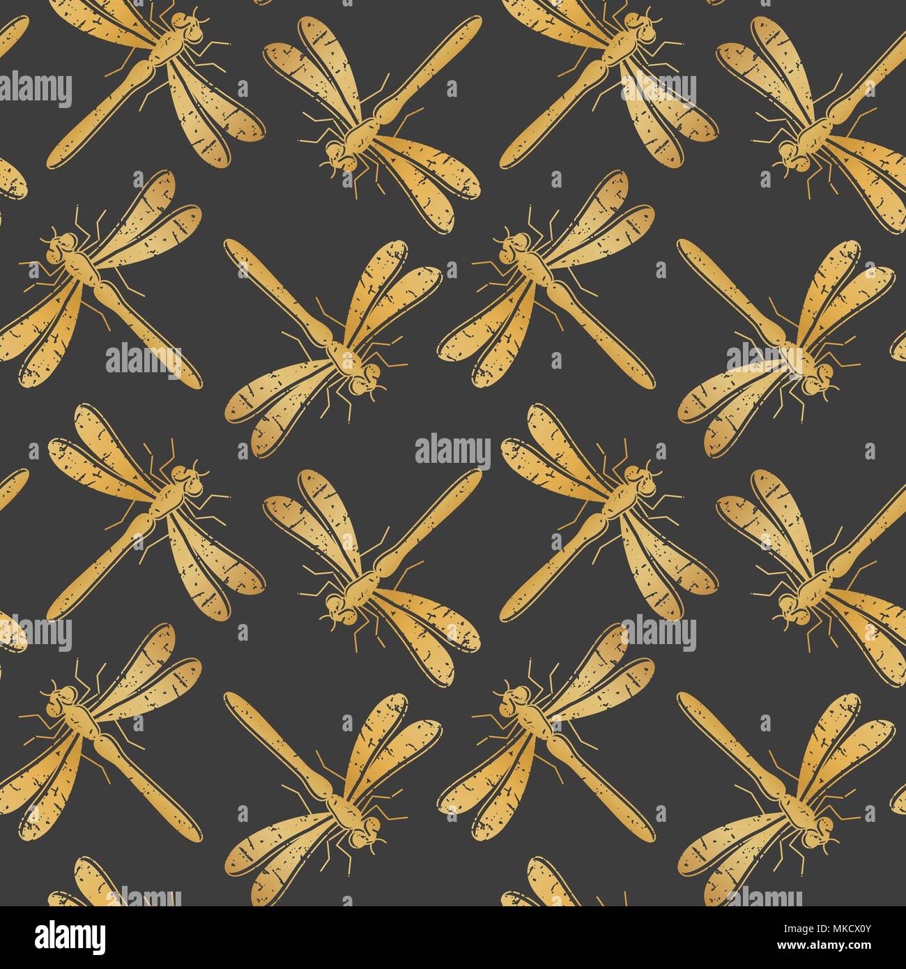 Golden textured dragonfly vector seamless pattern for textile design ...