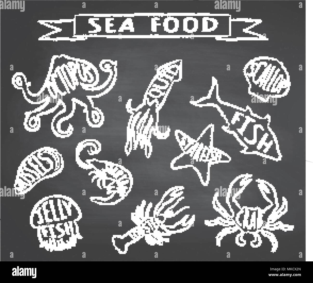 Seafood chalk contour vector illustrations on blackboard, elements for ...