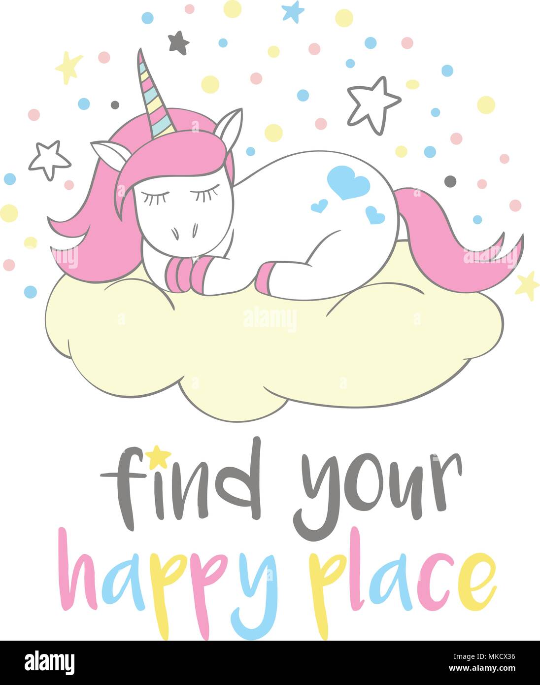Magic cute unicorn in cartoon style with hand lettering Find your happy ...