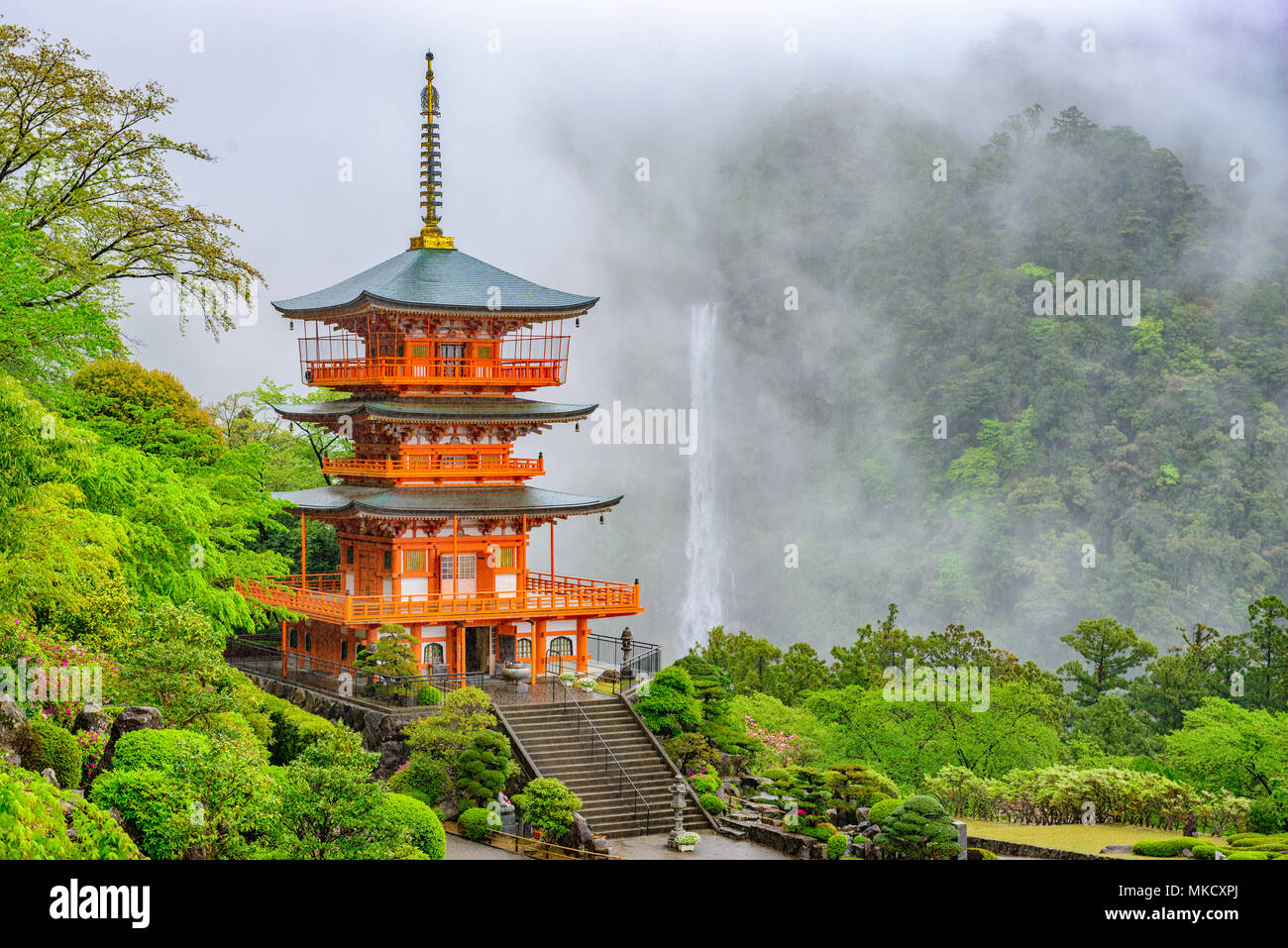 Nachi, Japan at Kumano Nachi Taisha Pagoda and waterfall on a misty day ...