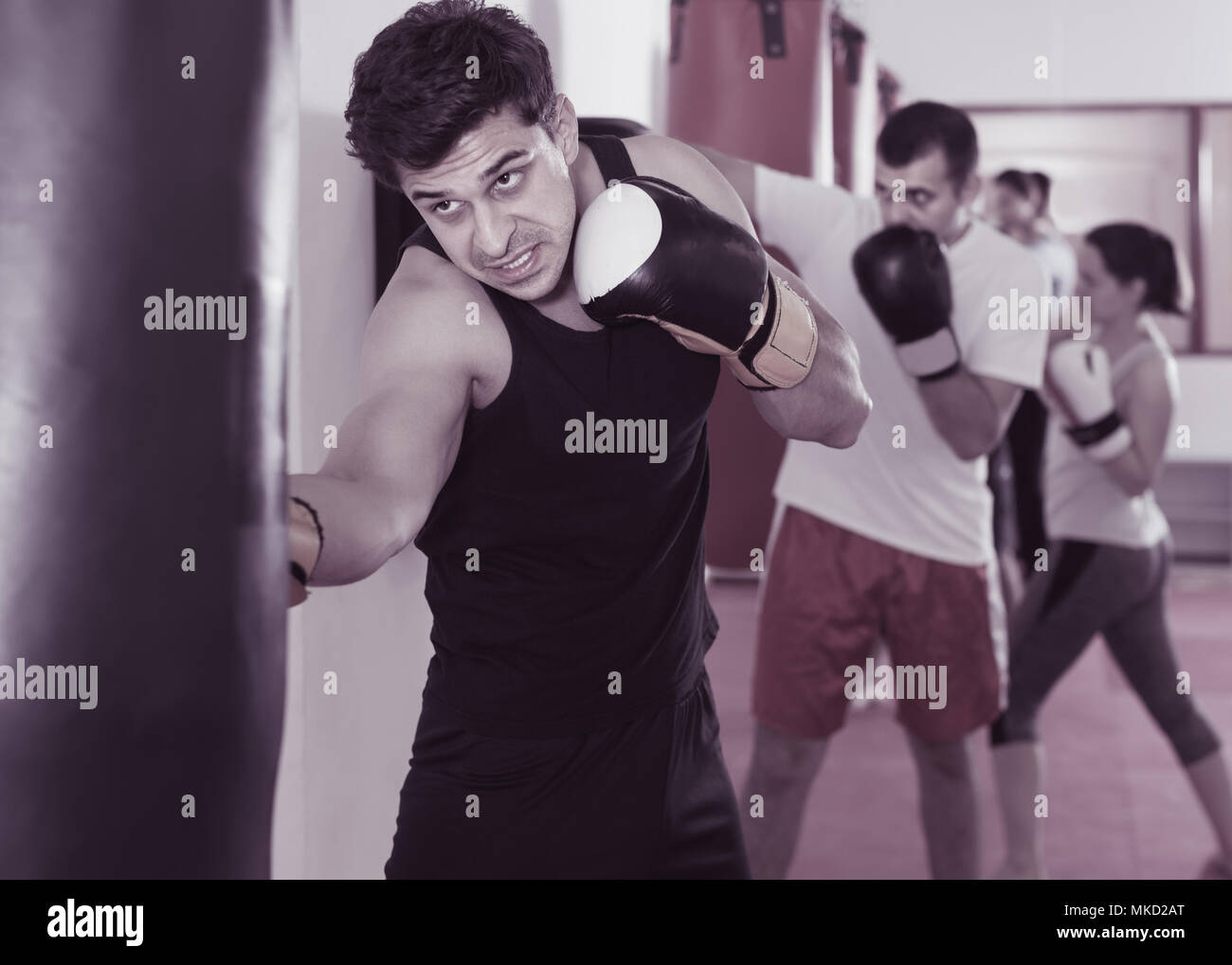 strong sportsman in the boxing hall practicing boxing punches with ...