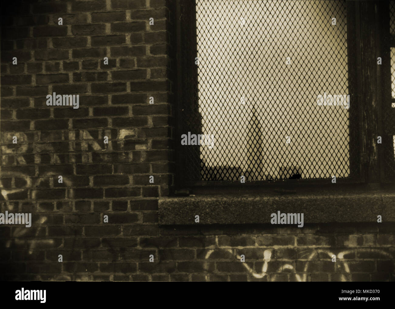 Brick wall with writings. Bars on the window Stock Photo - Alamy
