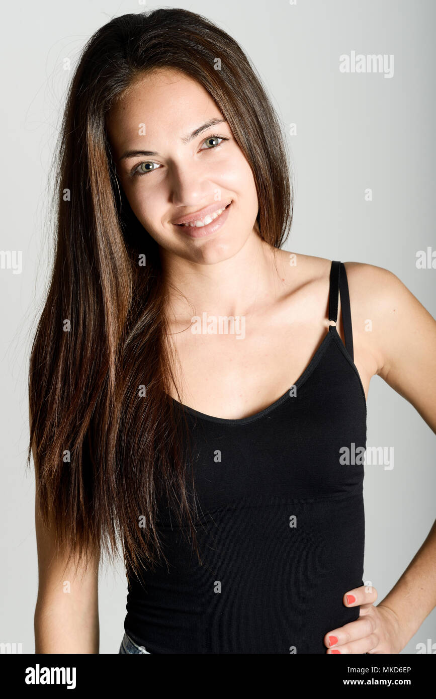 Beautiful young woman without make-up smiling. Beautiful girl with ...