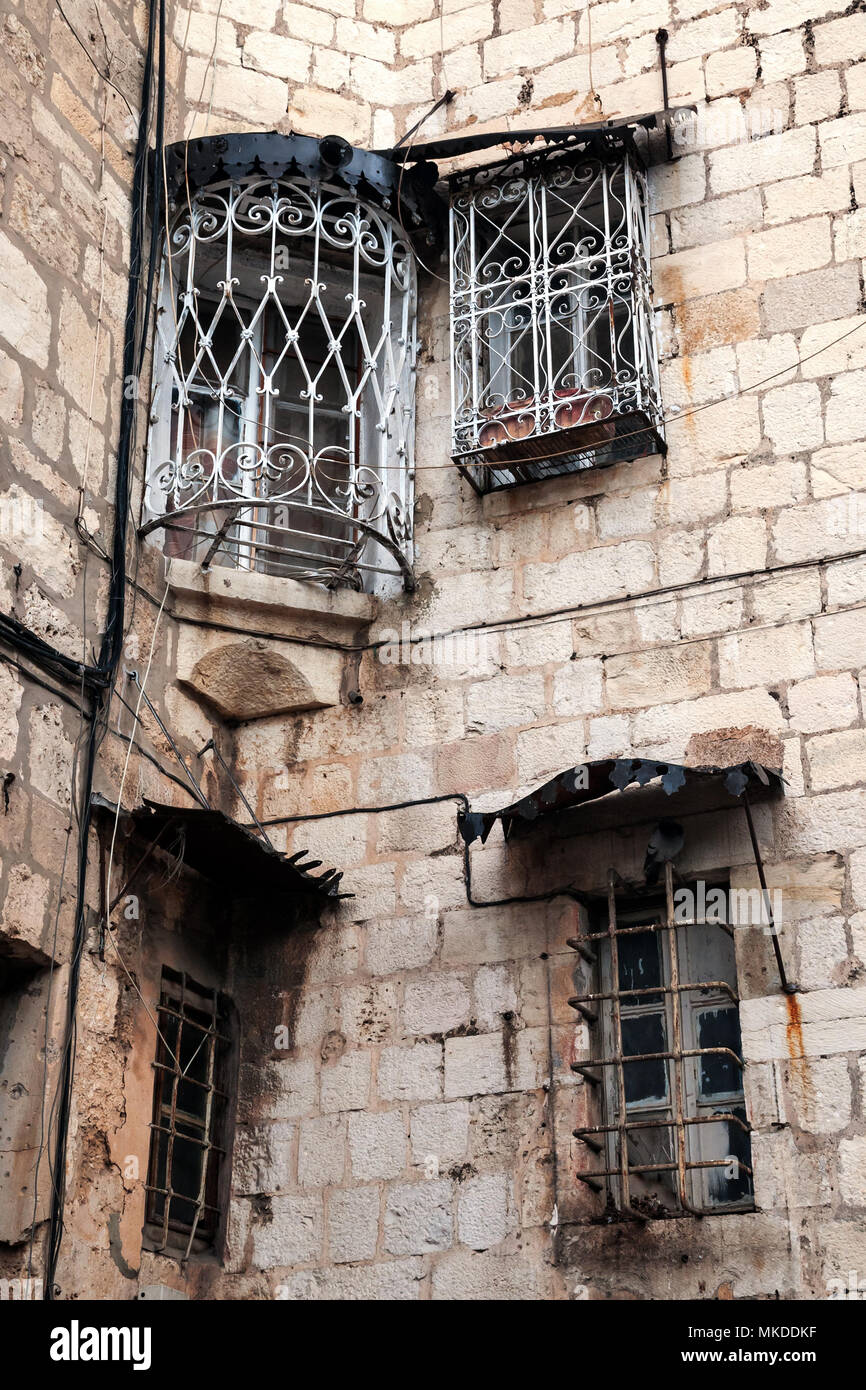 Detail of ancient building in Old City with 4 windows, Jerusalem ...
