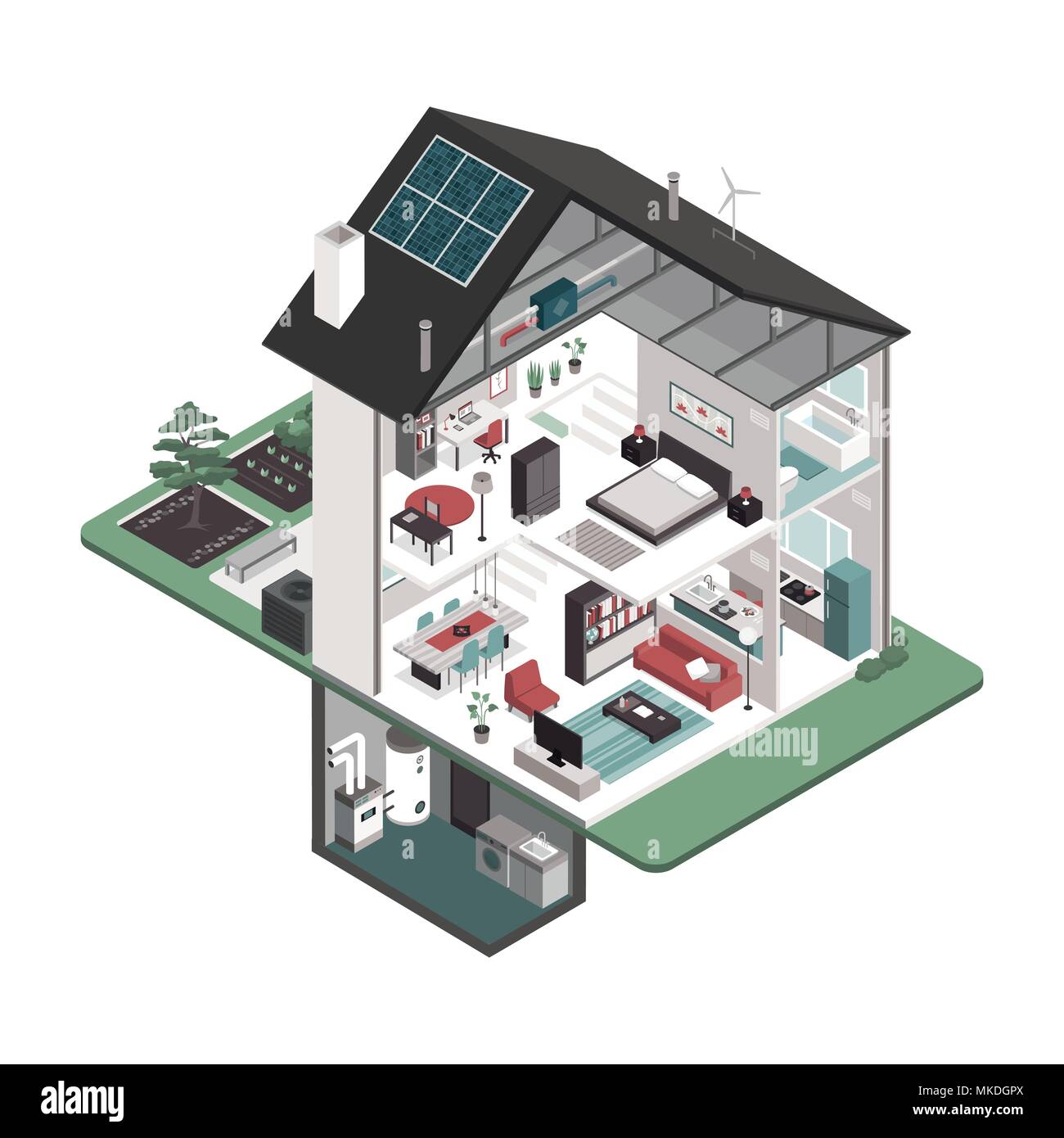 Contemporary energy efficient isometric house cross section and room ...