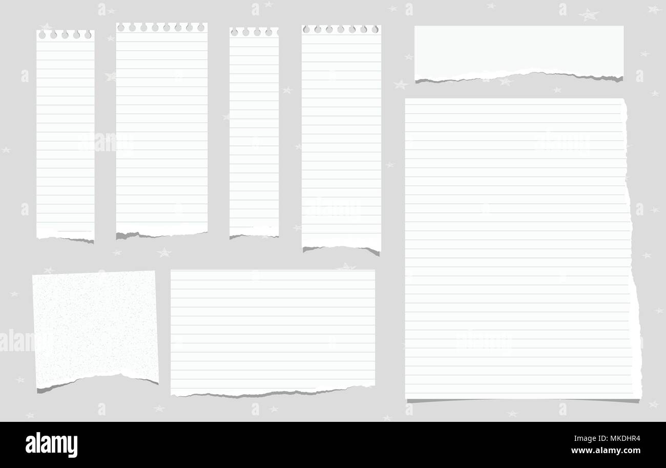 Set of white torn note, notebook paper pieces for text stuck on grey ...