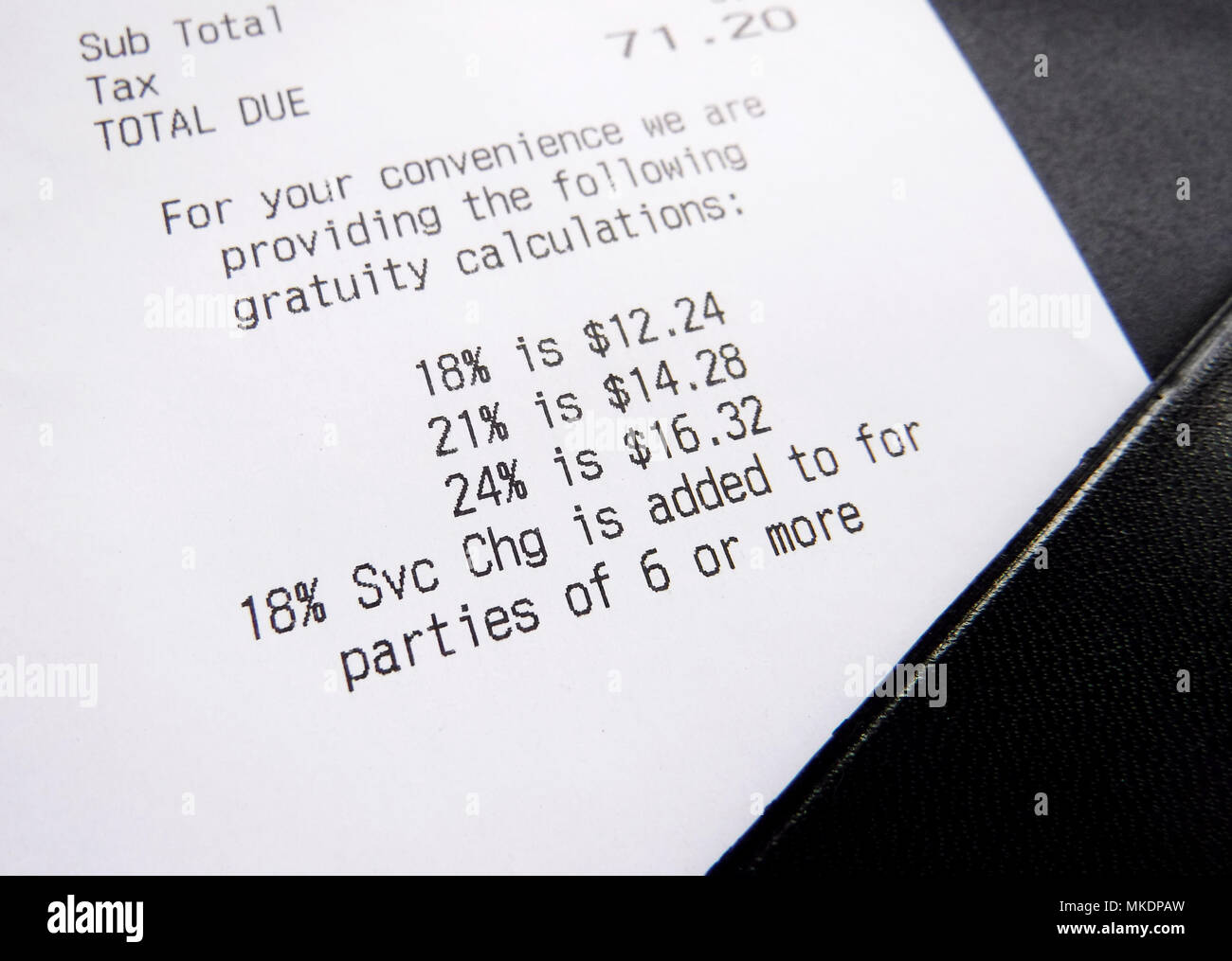 Close up of restaurant bill with recommended gratuity amounts Stock ...