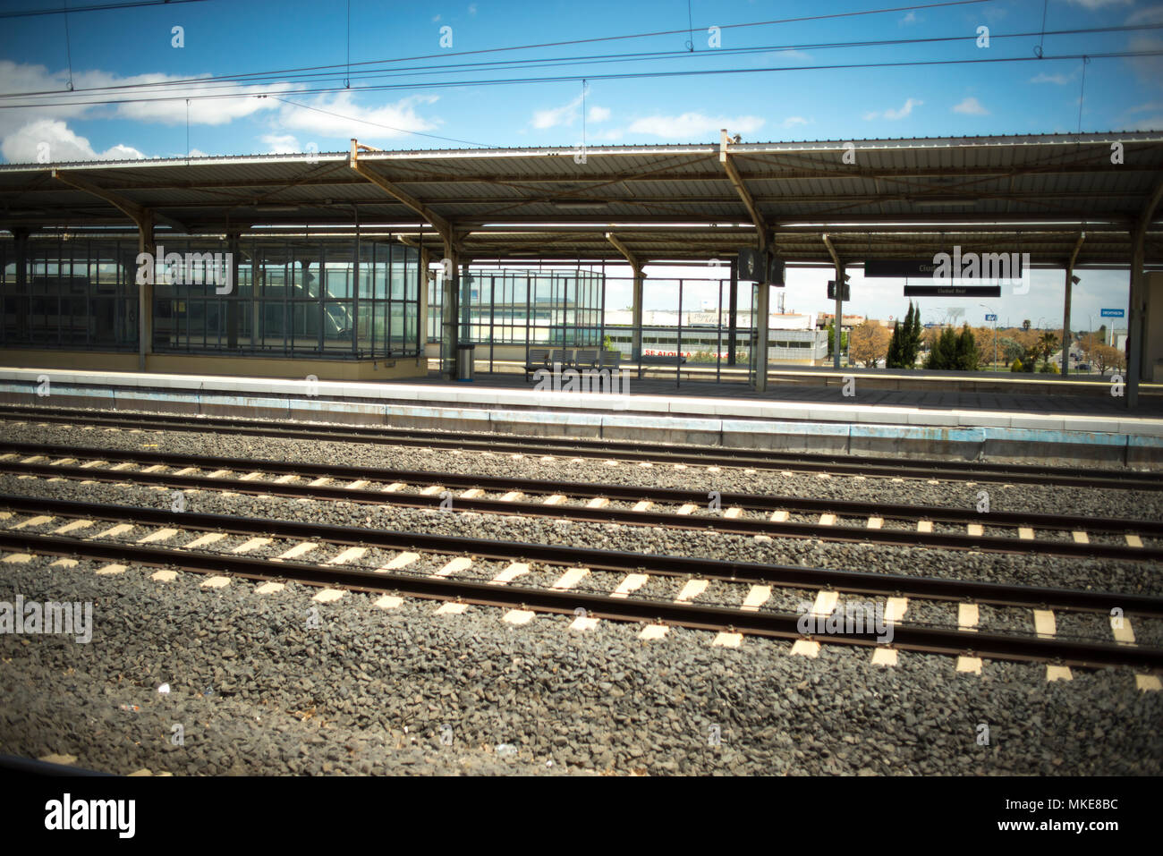 High speed modern electric train station platform tracks in Spain Stock ...