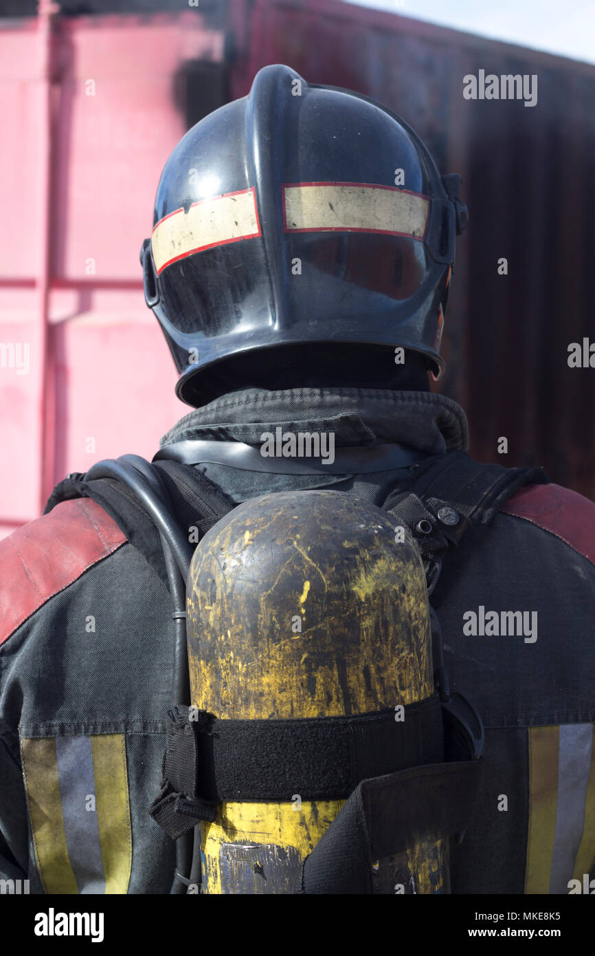 Firefighter putting out fire training station extinguisher backdraft ...