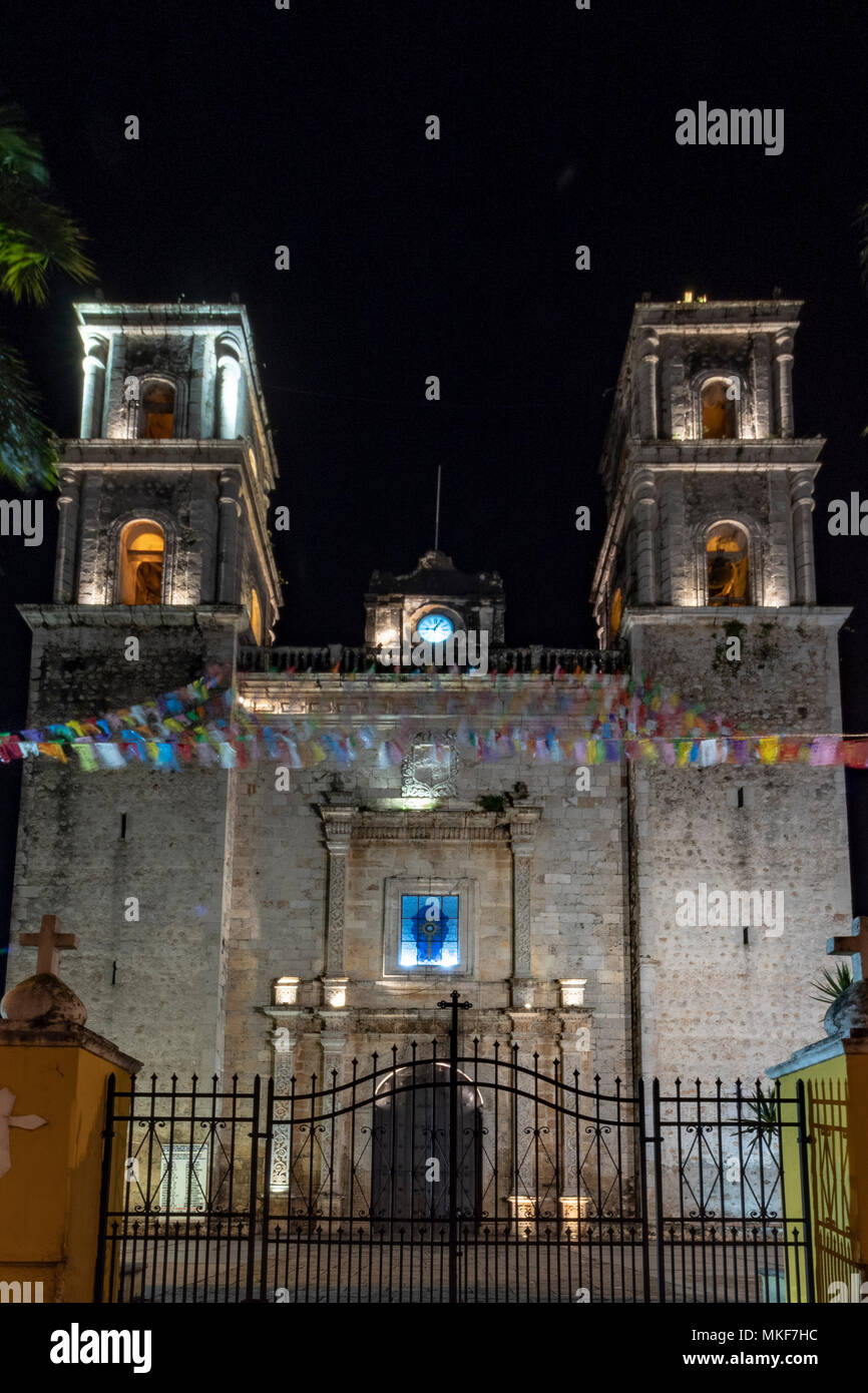 Mexican colonial church at night. Details on the ancient walls show how ...