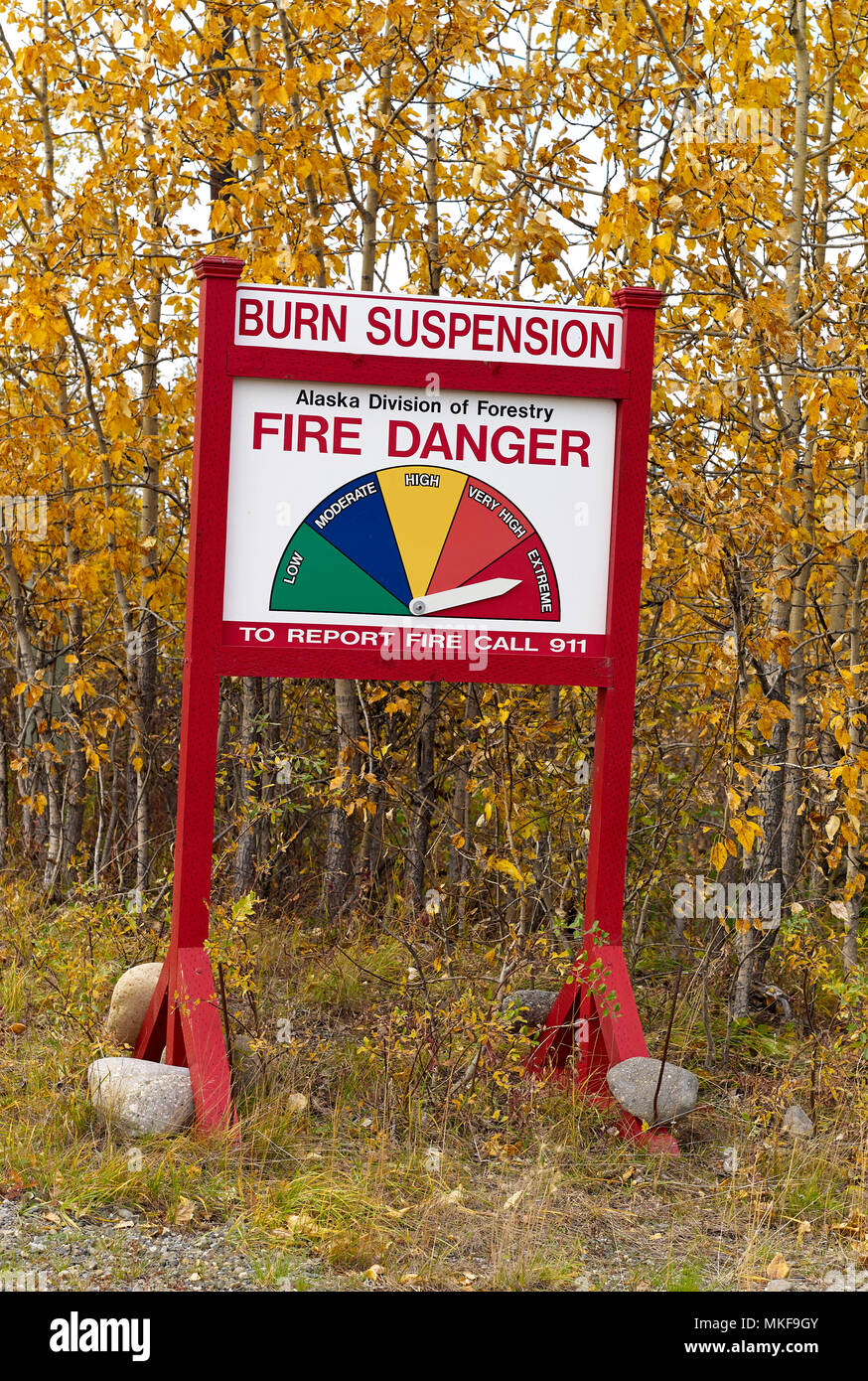 Sign indicating the risk of fire near the park, Denali National Park ...