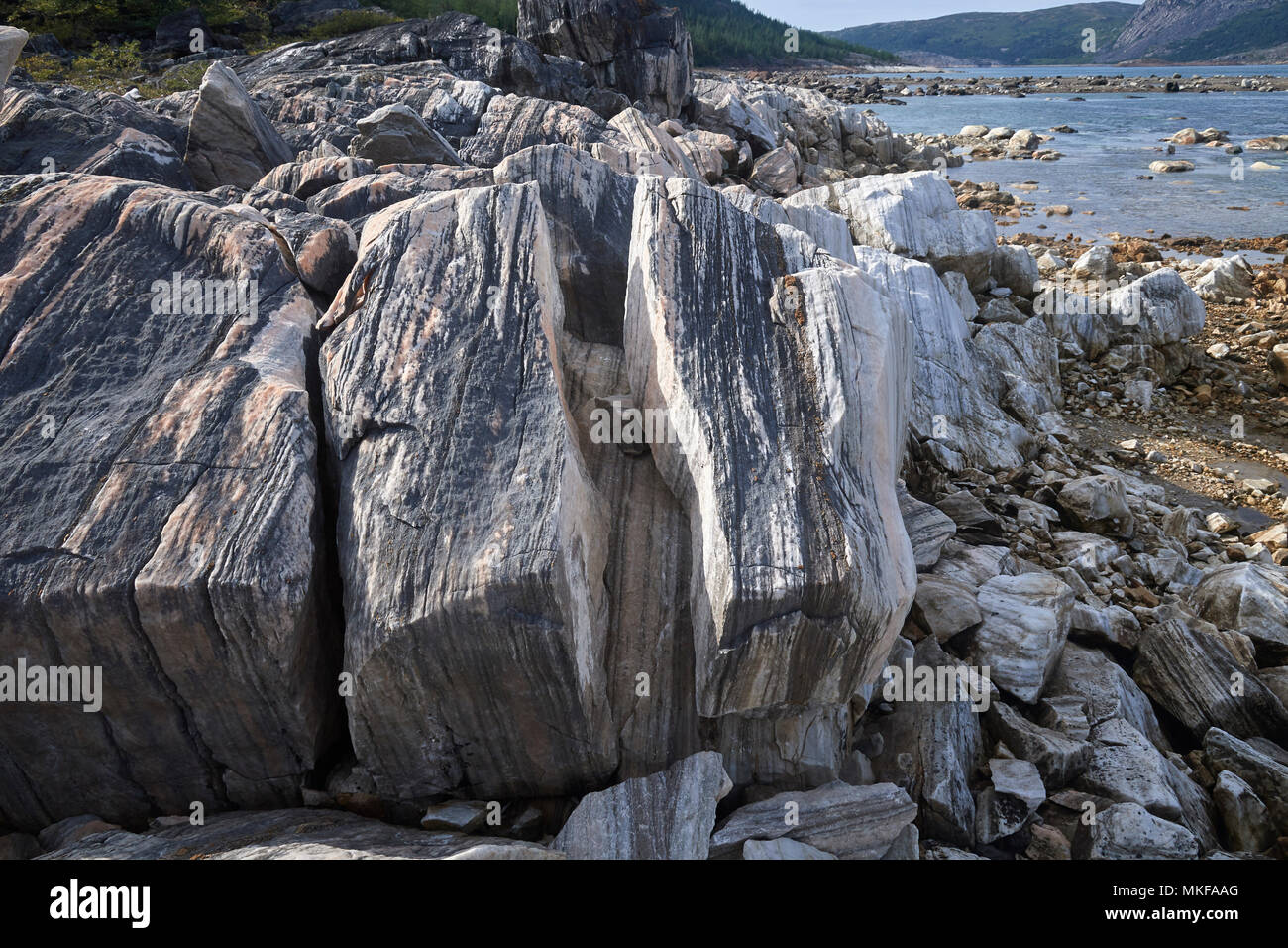 Rocks showing glacial erosion, River Beaudoncourt, Nunavik, Quebec ...